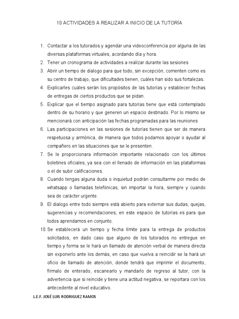 10 Actividades A Realizar A Inicio de La Tutoría | PDF | Negocios