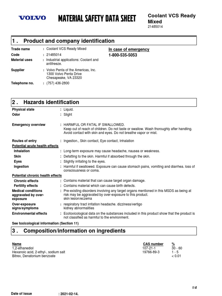 Coolant VCS Ready Mixed | PDF | Toxicity | Safety