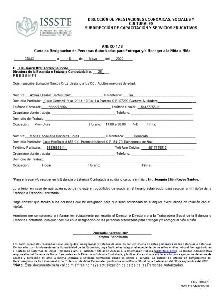 Anexo 1.18 Carta de Designación de Personas Autorizadas para Entregar ...