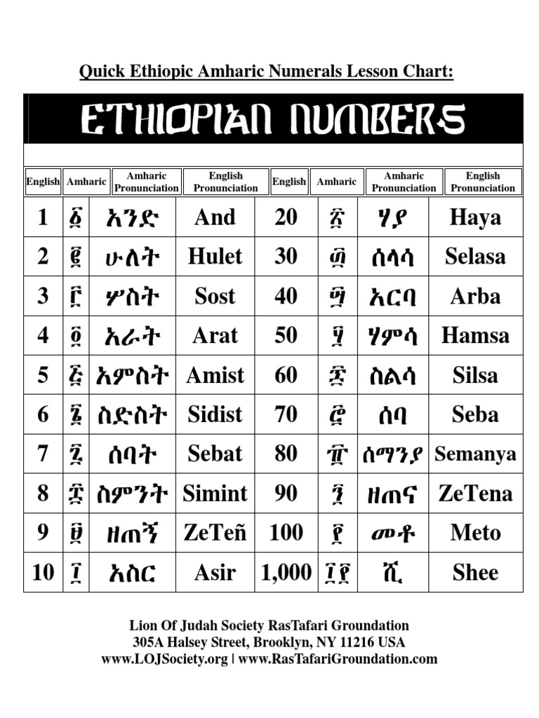 Quick Ethiopic Amharic Numerals Lesson Chart Print Ready | PDF