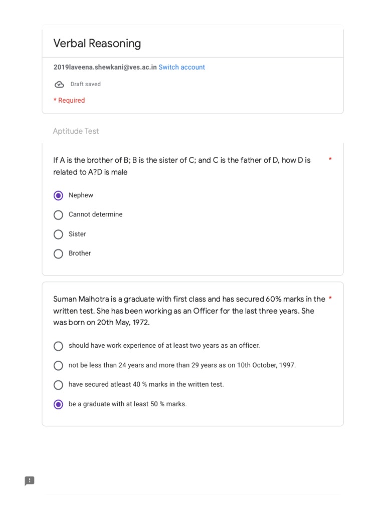 Verbal Reasoning: Aptitude Test | PDF