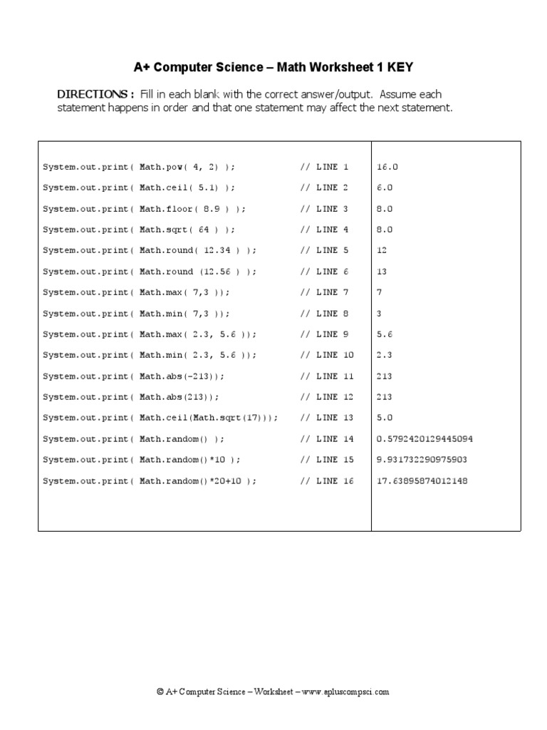 A+ Computer Science - Math Worksheet 1 KEY | PDF | Teaching Methods ...