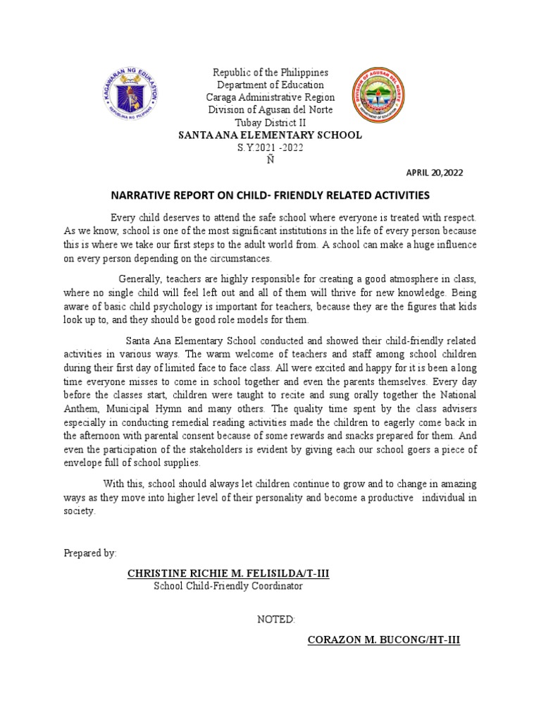 Narrative Report On Child-Friendly Related Activities: Santa Ana ...