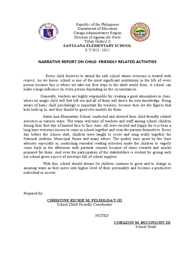 Child Friendly Narrative Reports 2021-2022 | PDF | Teachers | Psychology