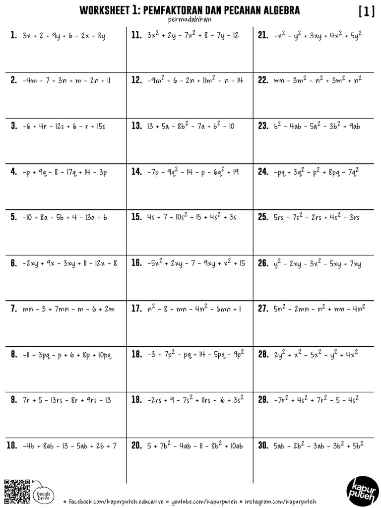 (Worksheet KSSM) Pemfaktoran Dan Pecahan Algebra (Form 2) | PDF