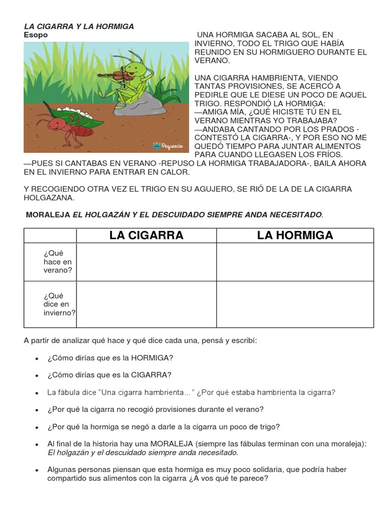 Fábula La Hormiga y La Cigarra | PDF
