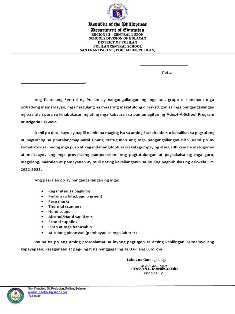 Brigada Eskwela Letter 2022 2023 | PDF