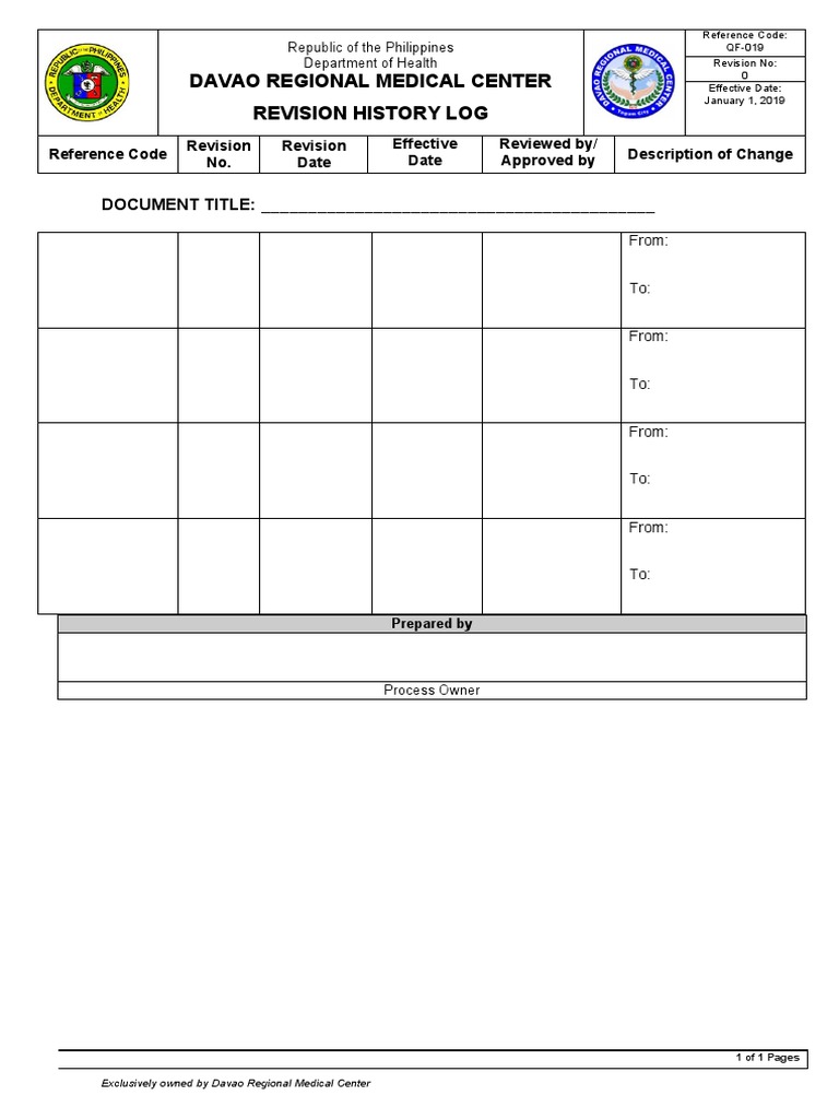 Davao Regional Medical Center Revision History Log: DOCUMENT TITLE | PDF