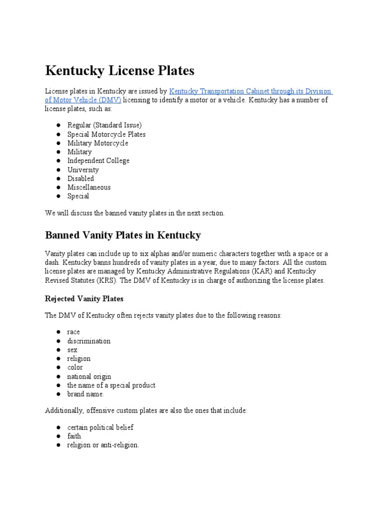 Kentucky License Plates | PDF | Vehicle Registration Plate | Department ...