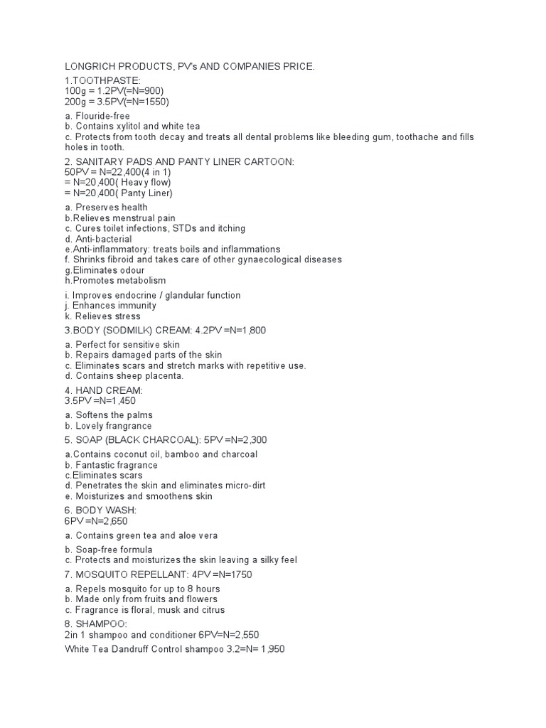 Longrich Products Price List and Benefits | PDF | Cancer | Shampoo