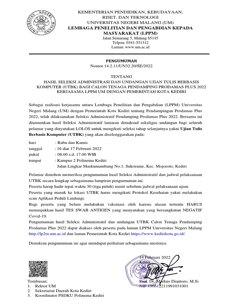 Pengumuman UTBK Prodamas Plus | PDF