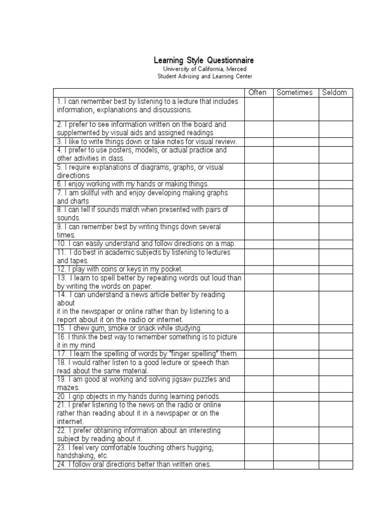 Learning Style Questionnaire: University of California, Merced Student ...