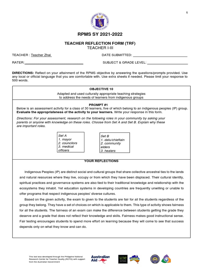 Teacher Zhai (Appendix 4A) Teacher Reflection Form For T I-III For RPMS ...
