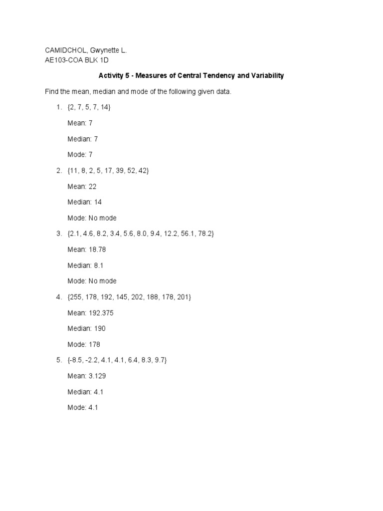 Activity 5 - Measures of Central Tendency and Variability | PDF | Mean ...