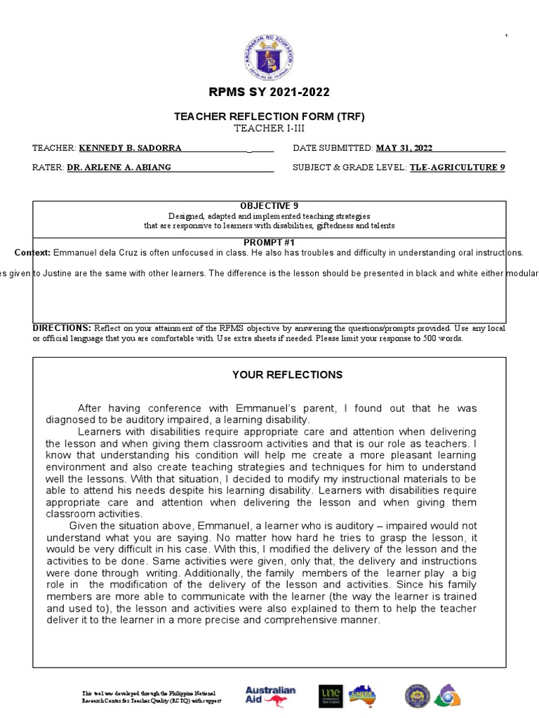 Appendix-4A-Teacher-Reflection-Form-for-T-I-III-for-RPMS-SY-2021-2022 - TLE AGRI | PDF ...