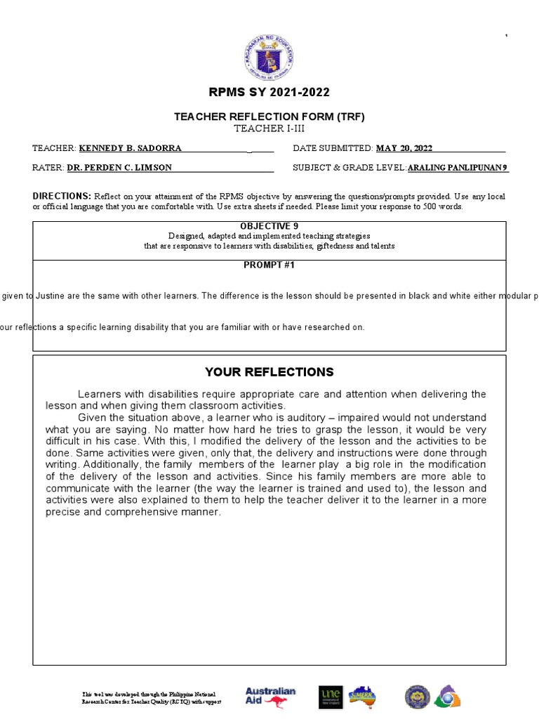 Teacher-Reflection-Form-for-T-I-III-for-RPMS-SY-2021-2022-Araling ...