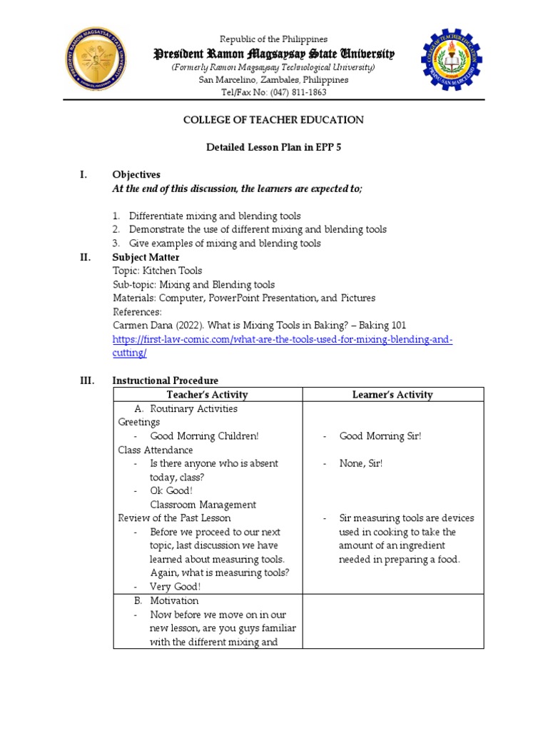Lesson Plan in EPP 5 | PDF | Blender | Spoon
