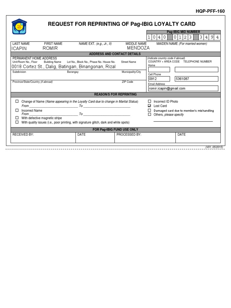 Request For Reprinting of Pag-Ibig Loyalty Card: Icapin Romir Mendoza ...