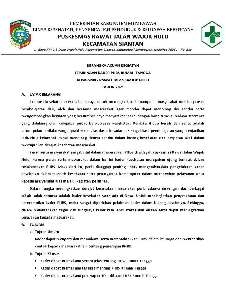 KAK Pembinaan Kader PHBS RT 2021 | PDF