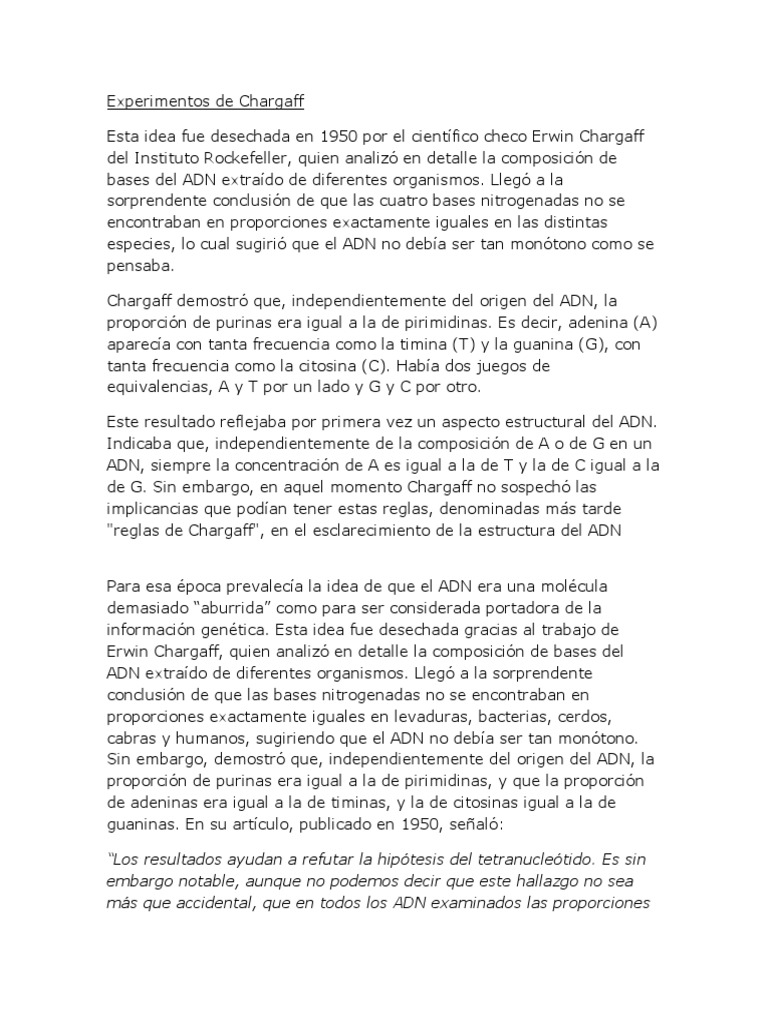 Experimentos de Chargaff en ADN | PDF | Adn | Compuestos orgánicos