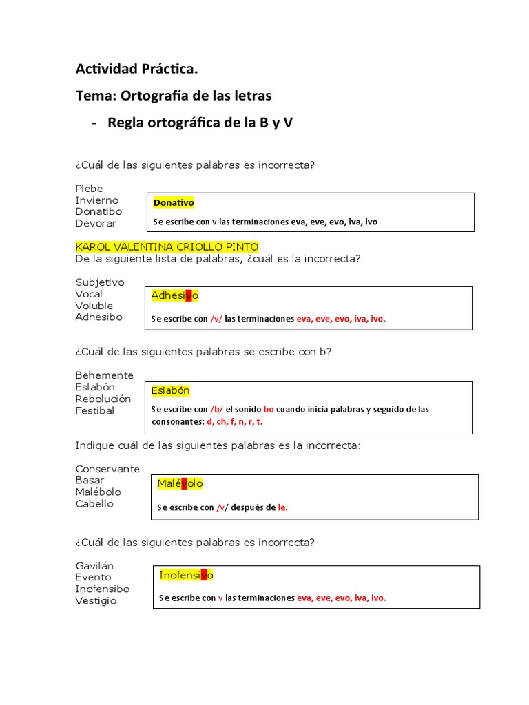 Actividad Práctica de La Regla Ortográfica de La B y V . | PDF ...
