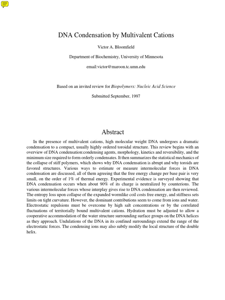 DNA Condensation by Multivalent Cations | PDF | Ionic Bonding | Dna