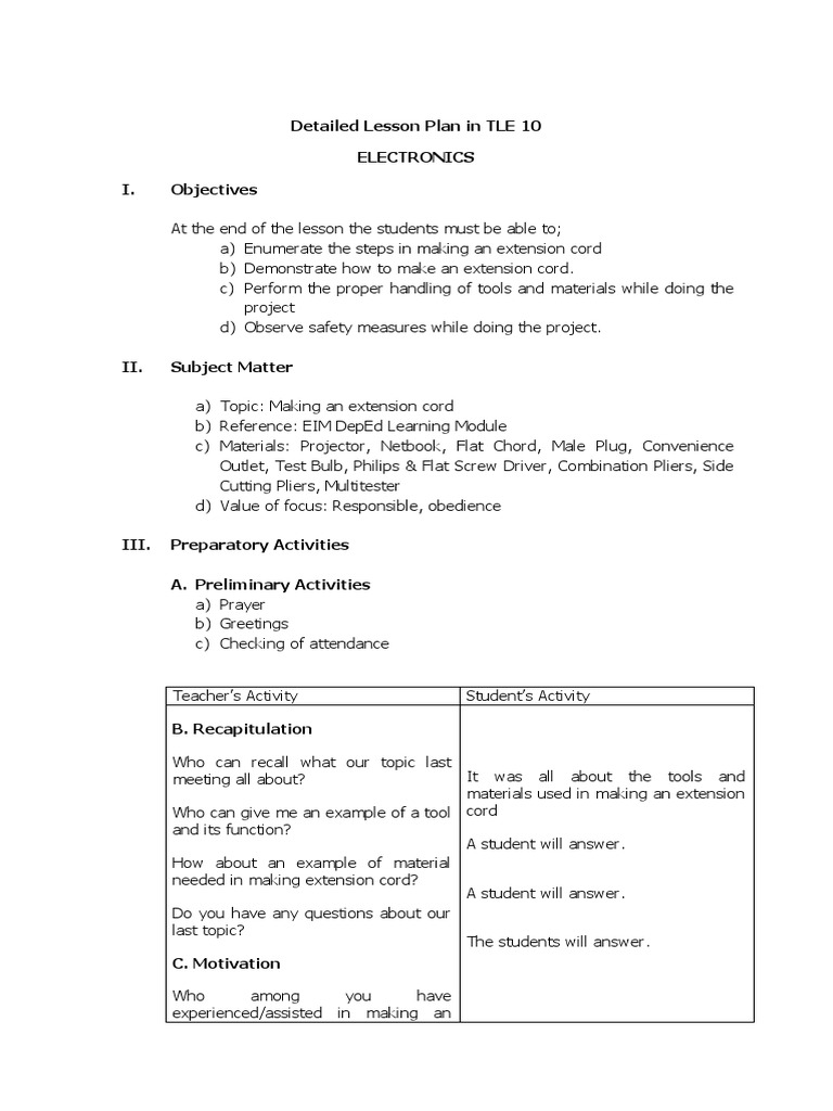Detailed Lesson Plan in TLE 10 Electronics I. Objectives | PDF ...