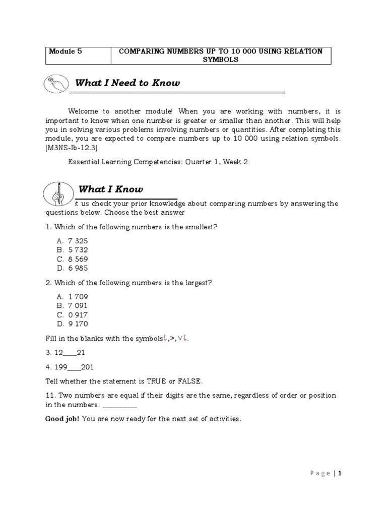 What I Need To Know: Comparing Numbers Up To 10 000 Using Relation ...