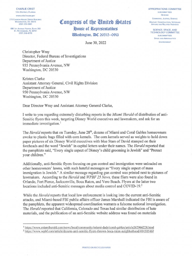 Anti-Semitism Doj Letter | PDF