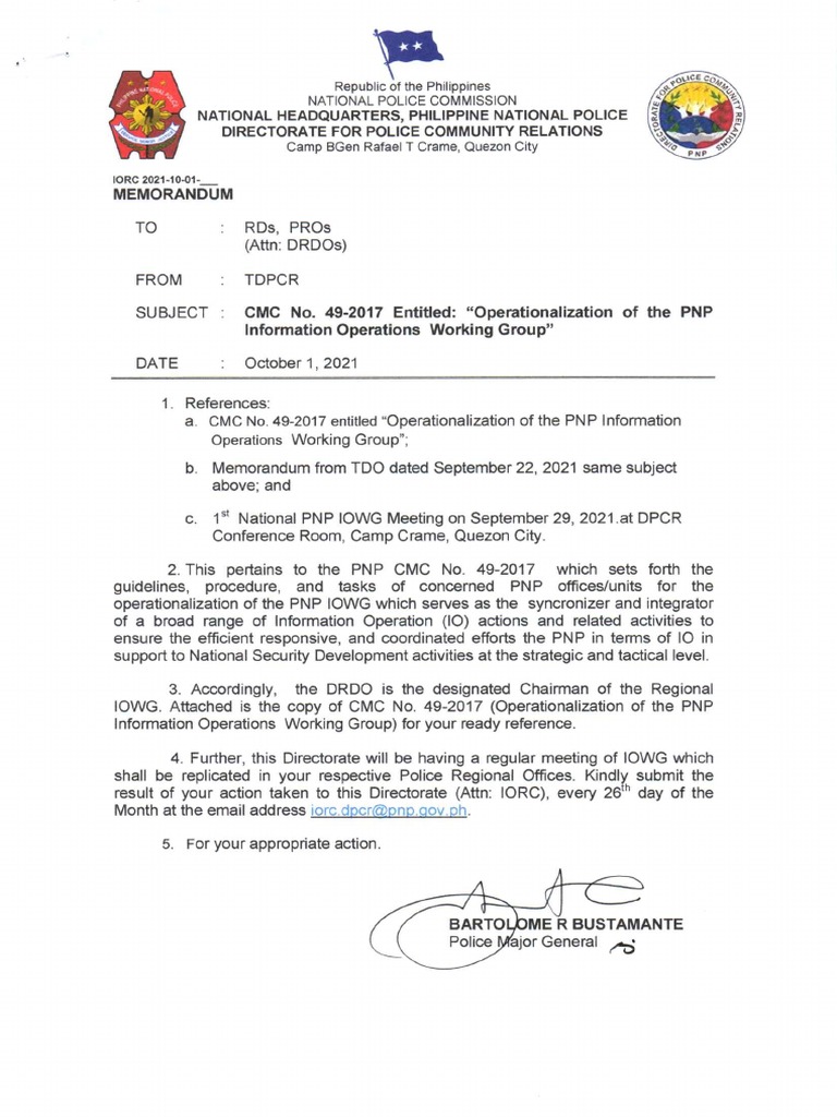 CMC No. 49-2017 - Operationalization of PNP Information Operations ...