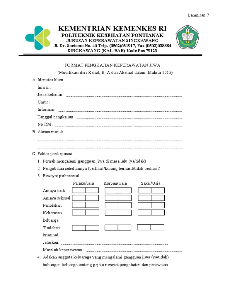 Lampiran 7 FORMAT PENGKAJIAN KEPERAWATAN JIWA | PDF