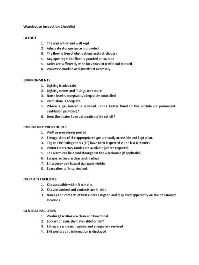 Warehouse Safety Inspection Guide | PDF | Warehouse | First Aid