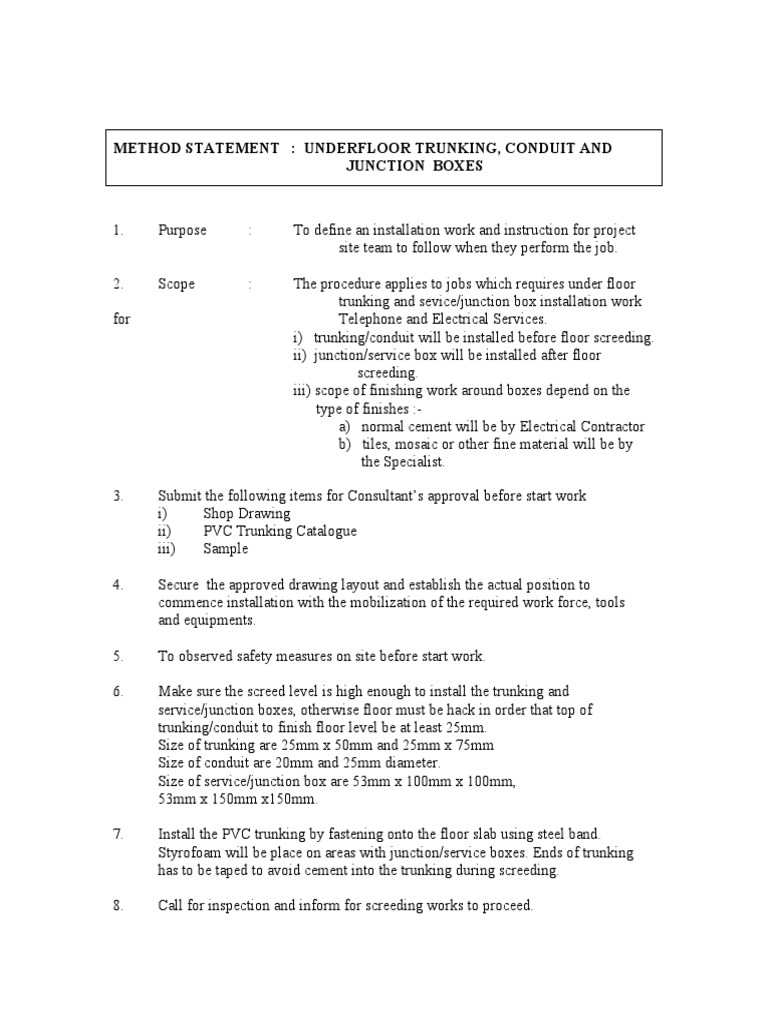 Method Statement: Underfloor Trunking, Conduit and Junction Boxes | PDF ...