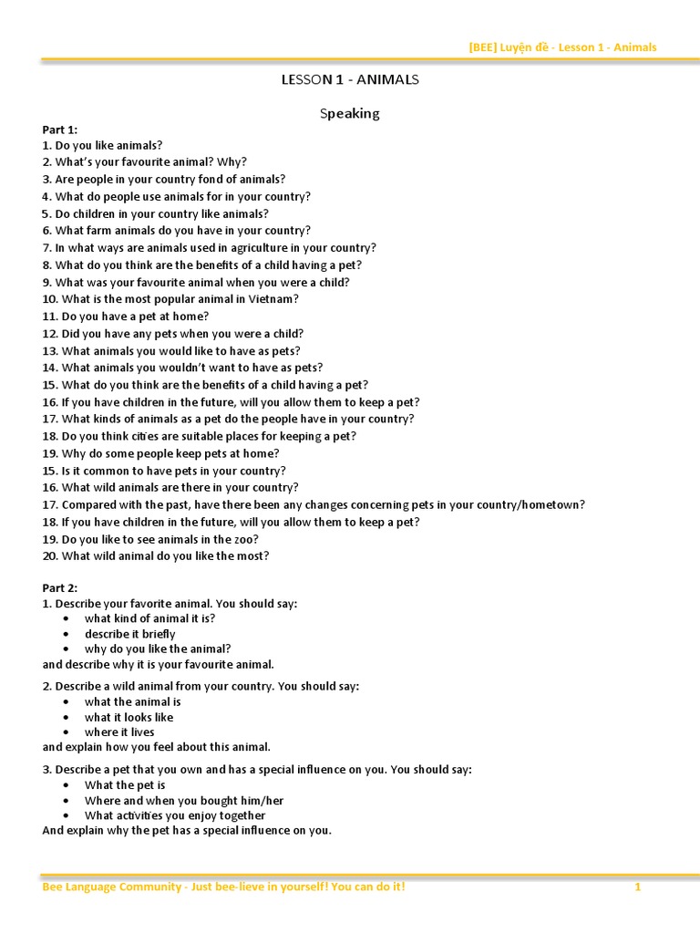 Lesson 1 - Animals | PDF | Pet | Zoo