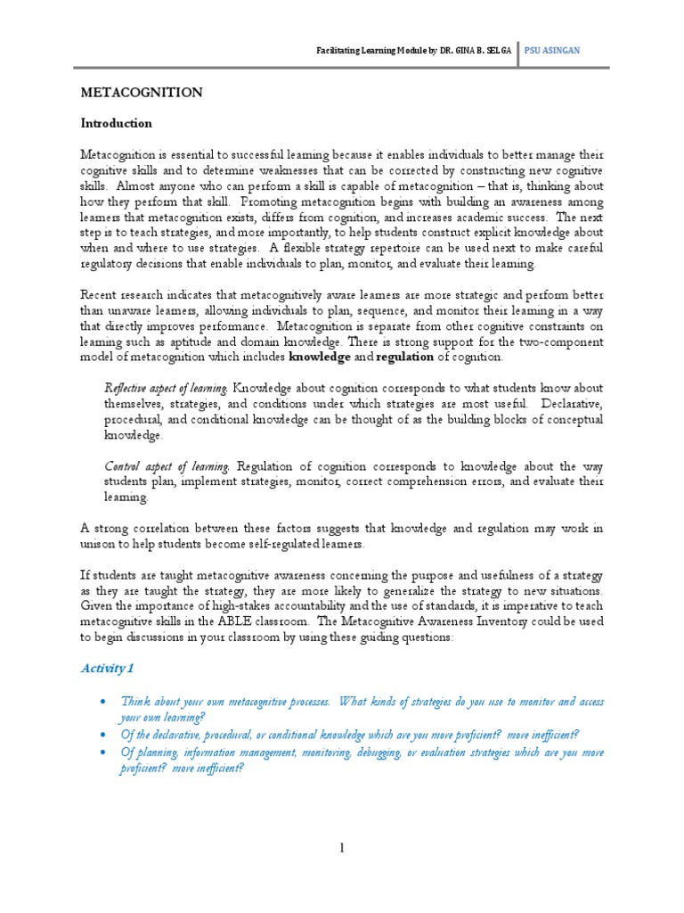 Facilitating Learning | PDF | Learning | Metacognition
