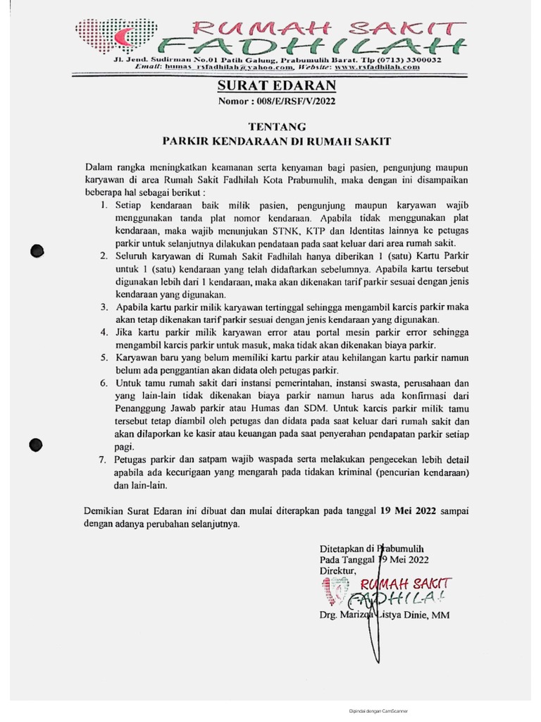 Surat Edaran Tentang Parkir Kendaraan Di RSF | PDF