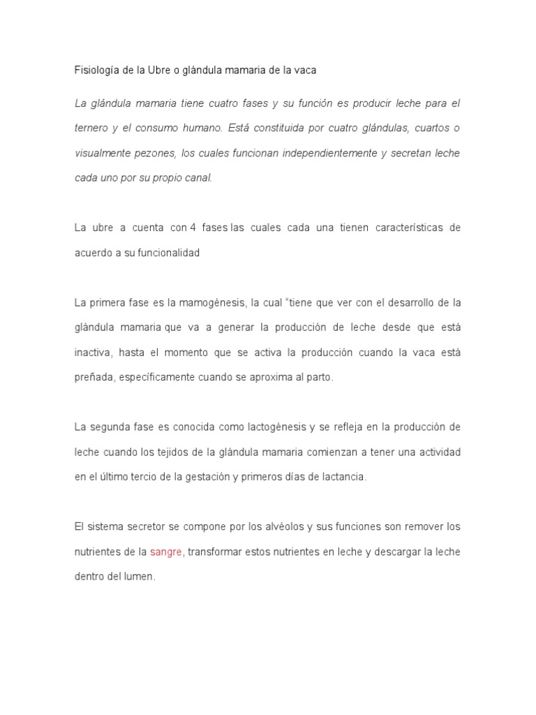 Fisiología de la Ubre de la Vaca | PDF