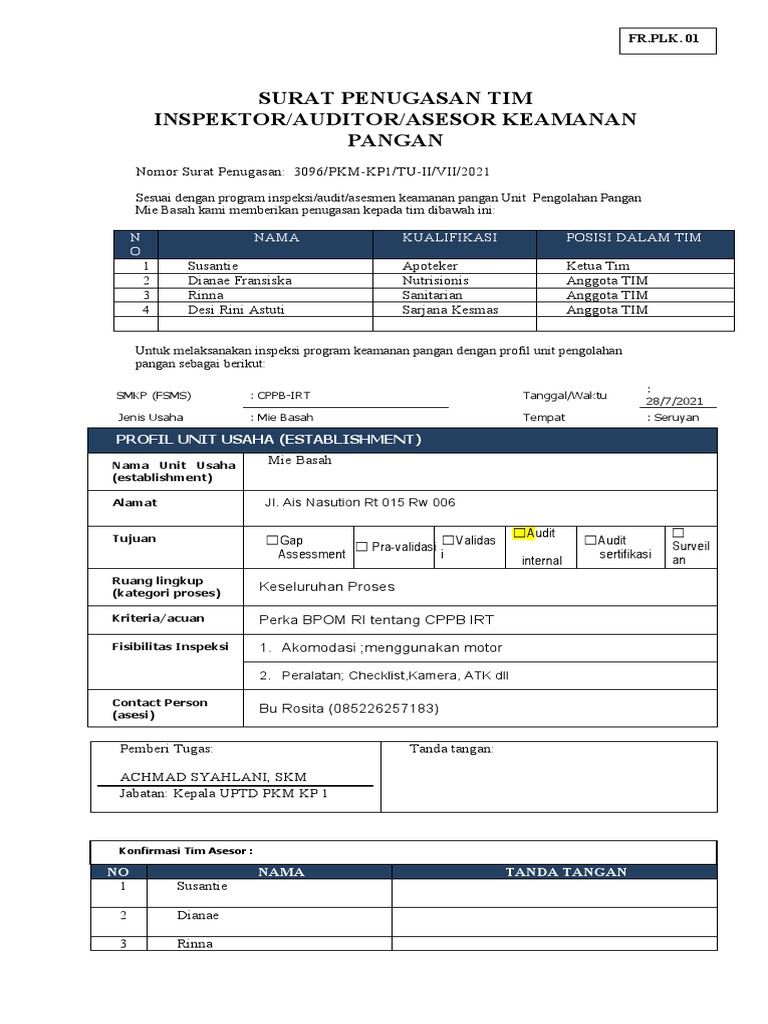Penugasan Tim Audit Keamanan Pangan | PDF