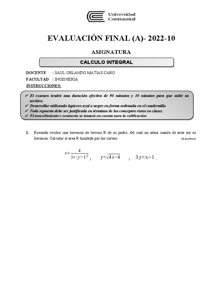 EXAMEN FINAL A - Calculo INTEGRAL-propuesto | PDF