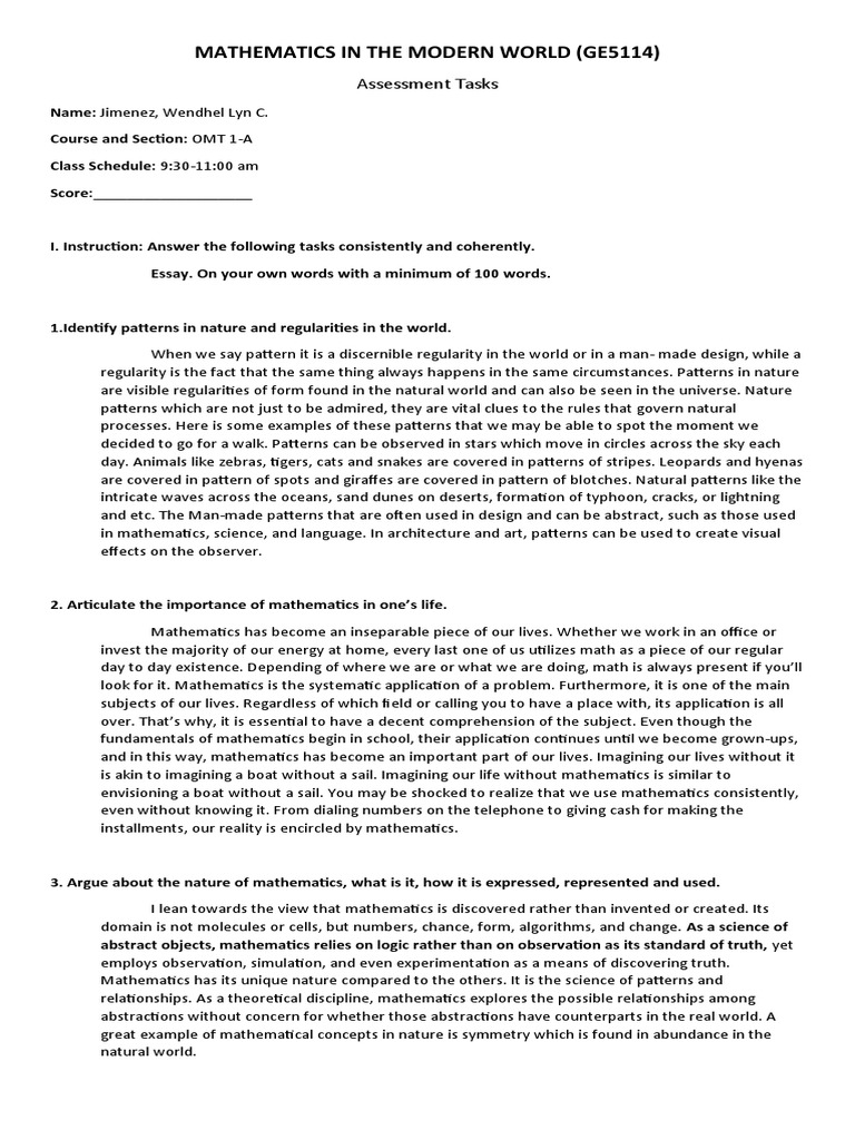 Assessment Task 1 (MMW) | PDF | Teaching Mathematics | Pattern