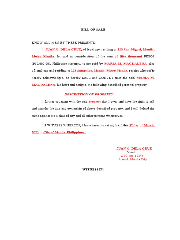 Bill of Sale for Personal Property | PDF