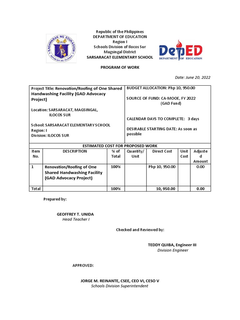 Renovation Plan for Handwashing Facility | PDF
