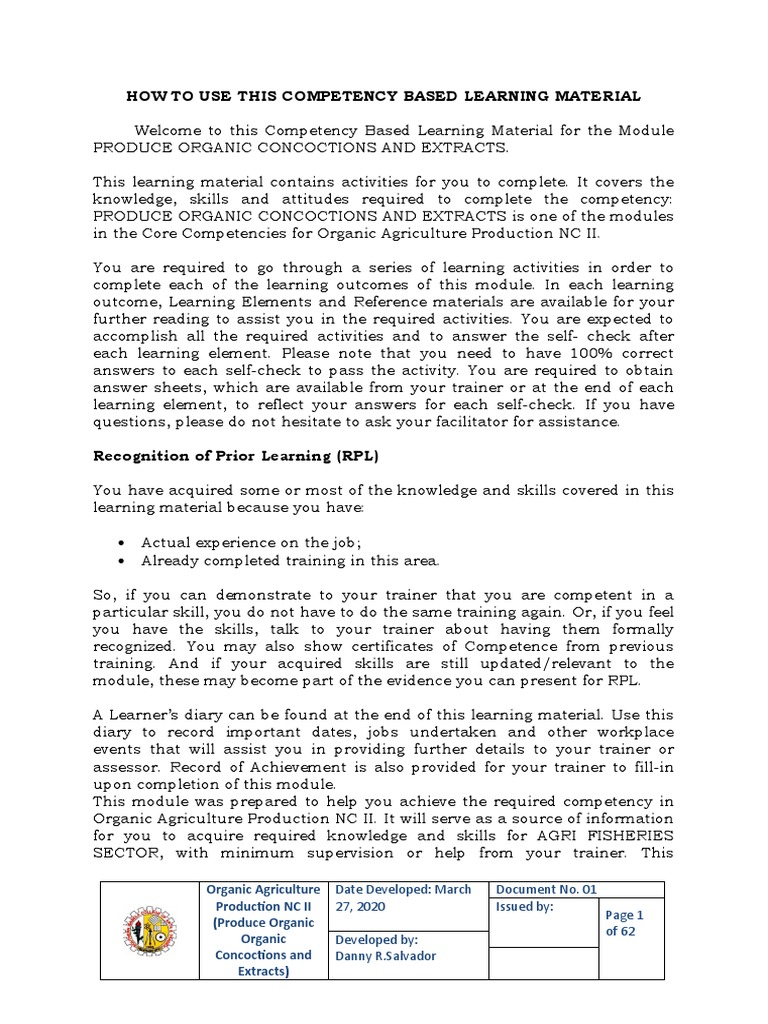 How To Use This Competency Based Learning Material | PDF | Soil | Manure