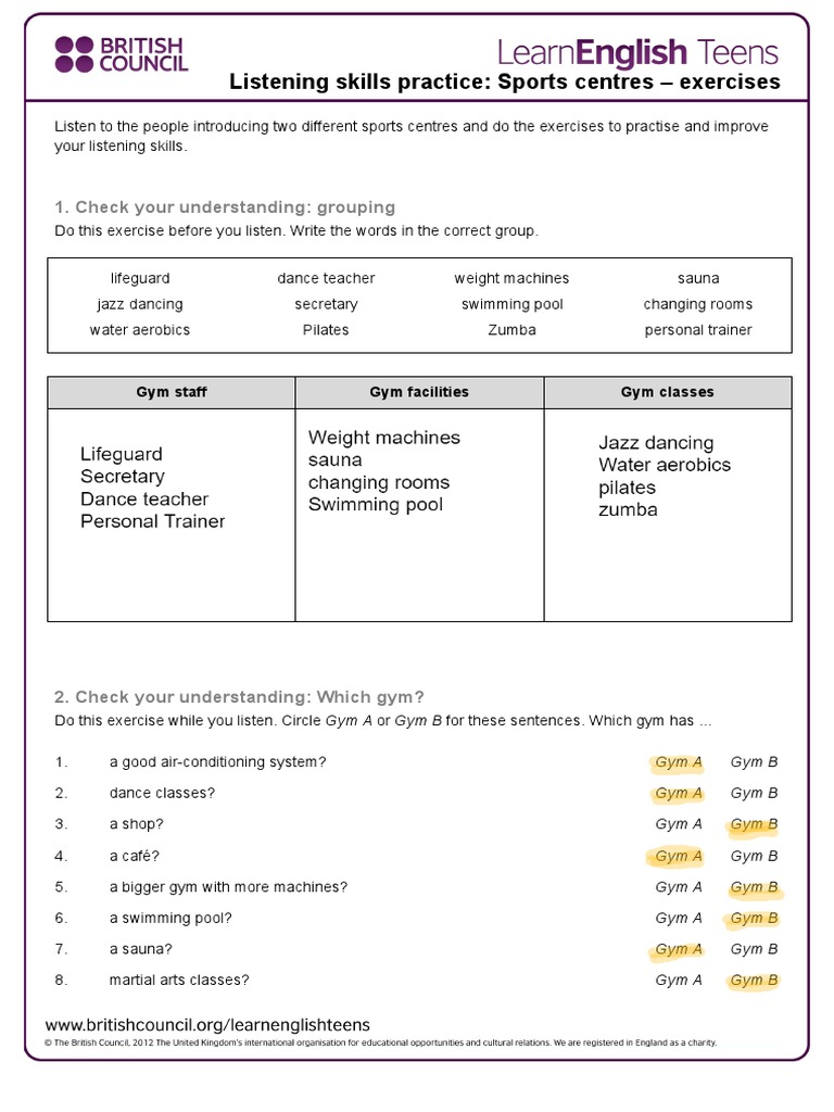 Sports Centers Vocabulary and Listening Exercises | PDF | Gym | Swimming