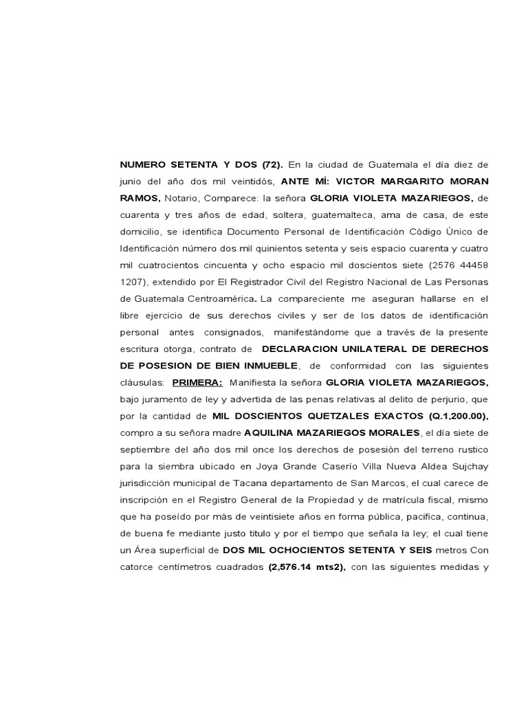 Escritura de Declaracion Unilateral de Derechos de Posesion | PDF | Guatemala