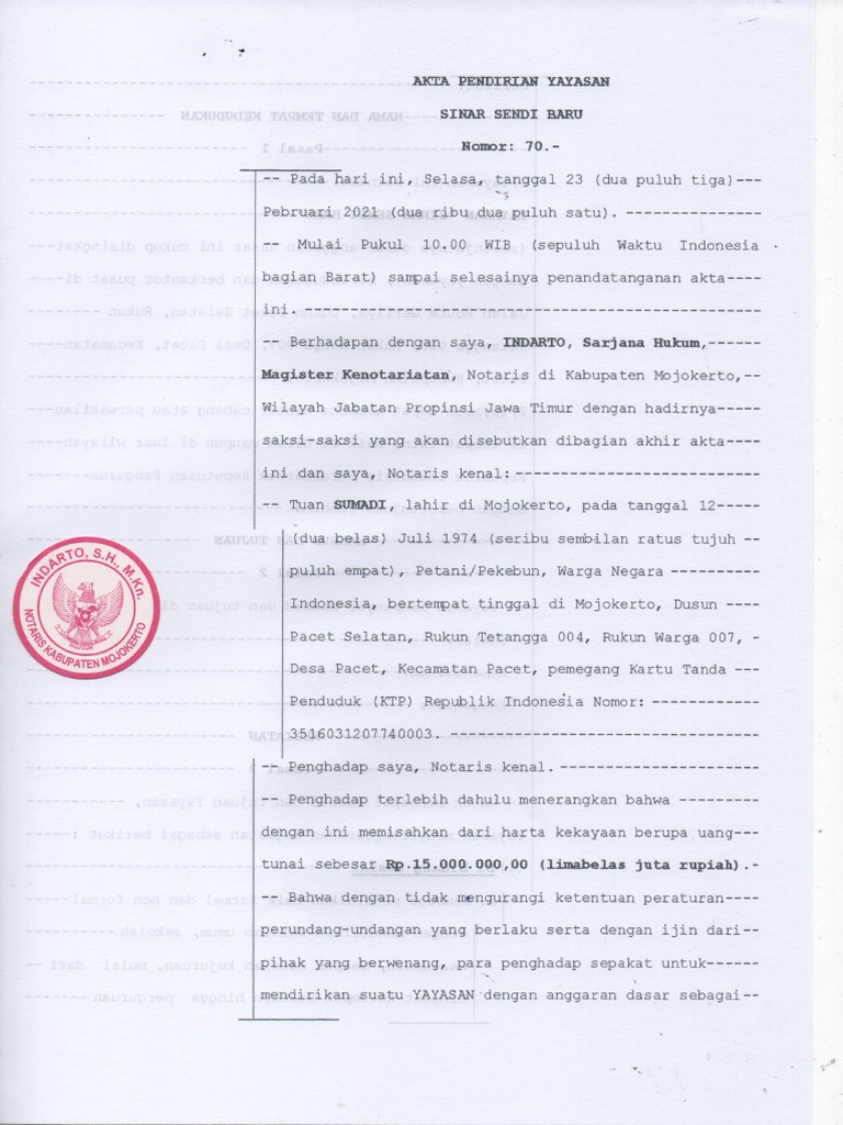 Contoh Akta Pendirian Yayasan | PDF