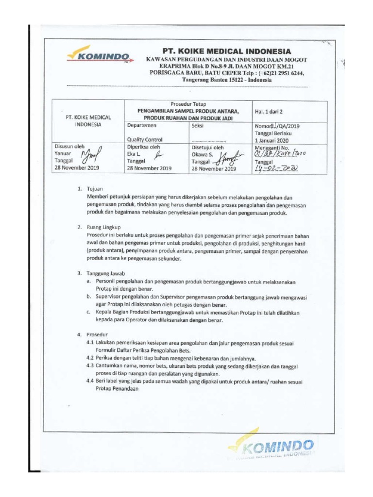 SOP Pengambilan Sampel Produk | PDF