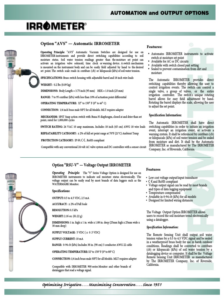 Option "AVS" - Automatic IRROMETER: Automation and Output Options | PDF | Switch | Valve