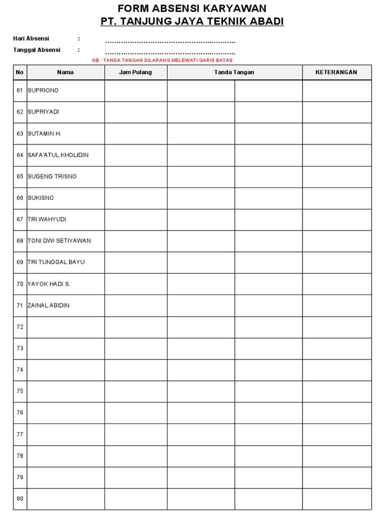 Form Absensi Karyawan PT Tanjung Jaya | PDF