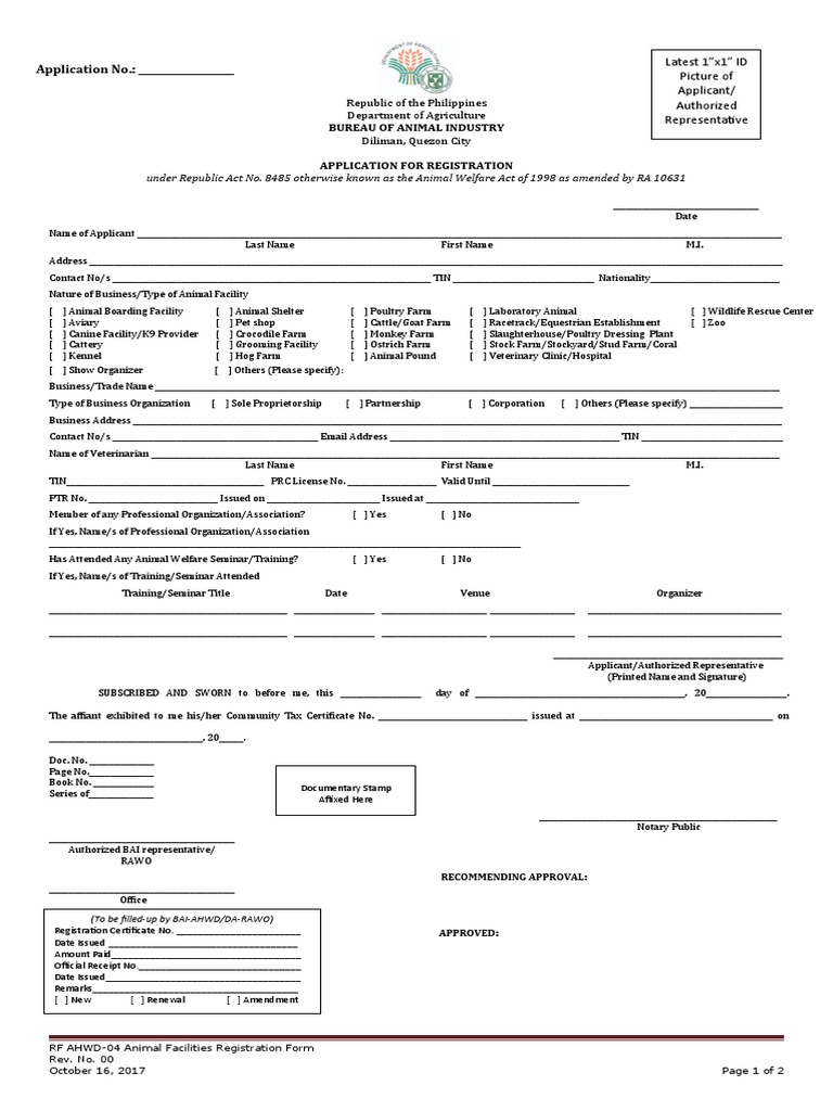 RF AHWD-04 Animal Facilities Registration Form | PDF | Animals And ...